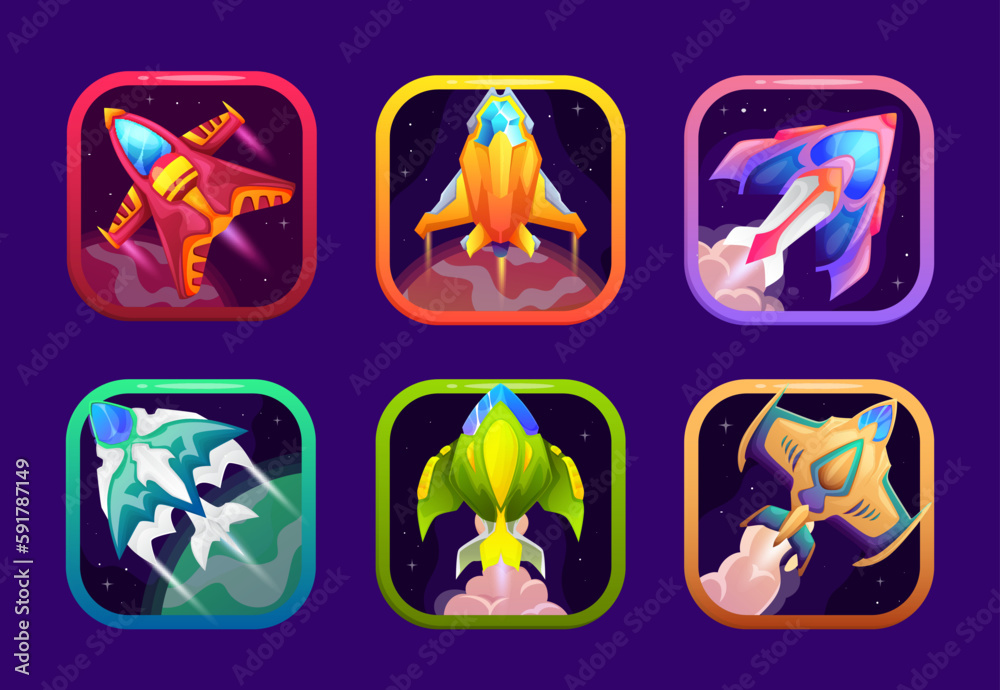 Space game app icons, UI frames and cartoon GUI for mobile application ...