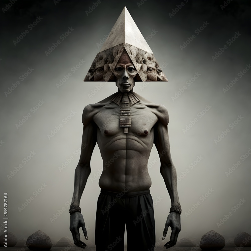 abstract full body anatomically correct human with a stone pyramid for ...