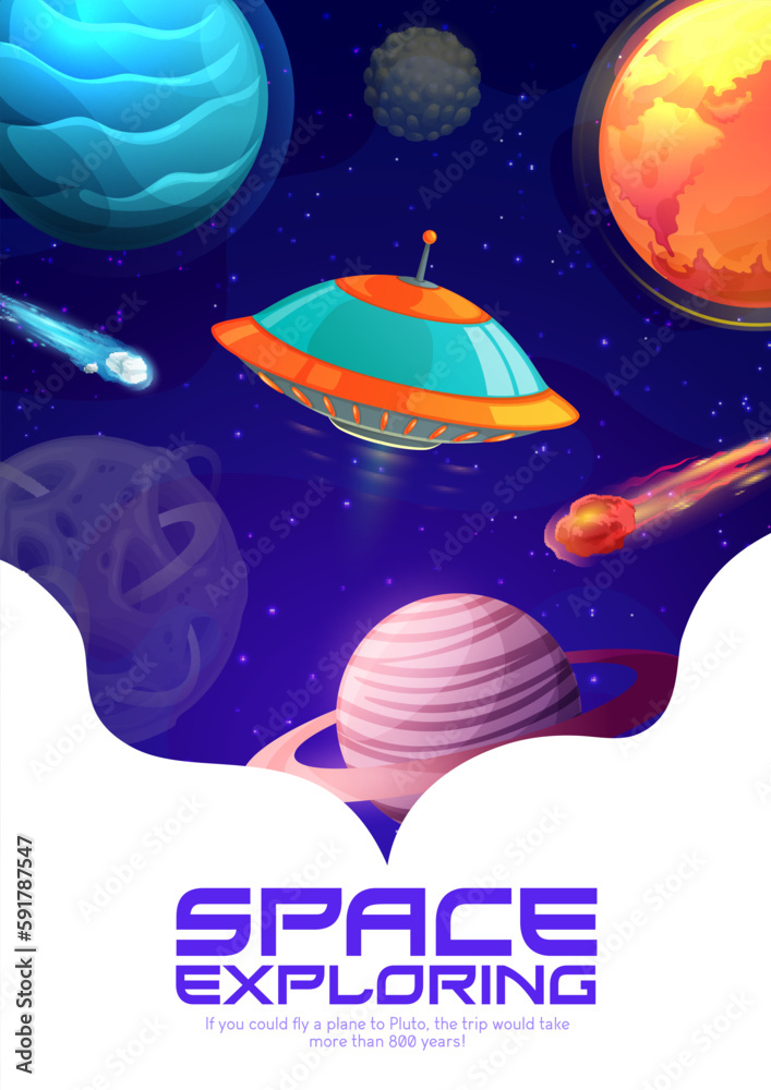 Cartoon space landing page with fantasy galaxy landscape, planets and ...