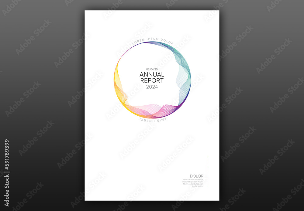 White annual report front cover page template with rainbow circle with ...