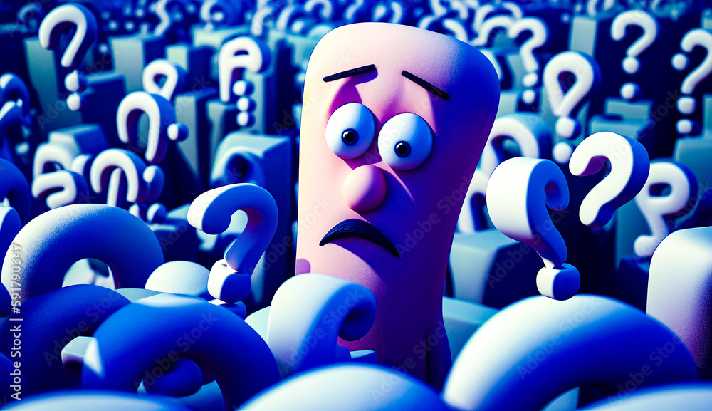 Cartoon character is surrounded by question marks in crowd of question ...