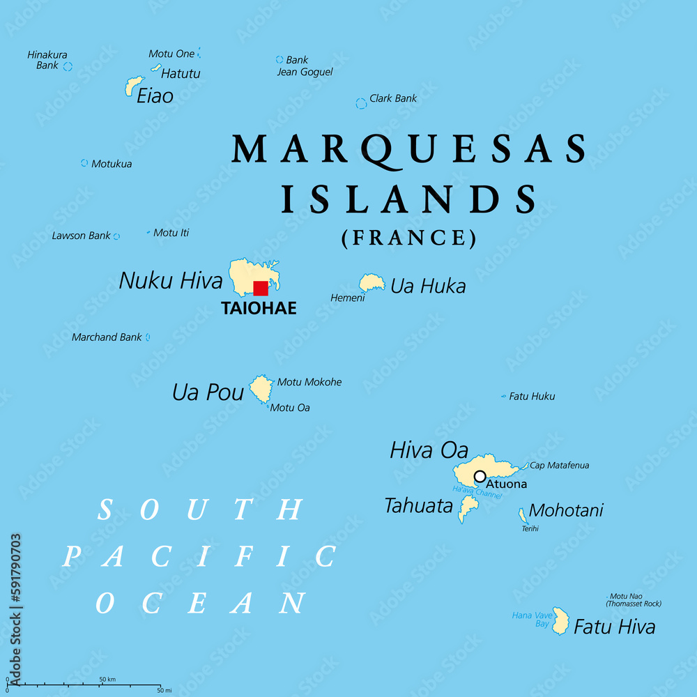 Marquesas Islands, political map. Group of volcanic islands, in French ...