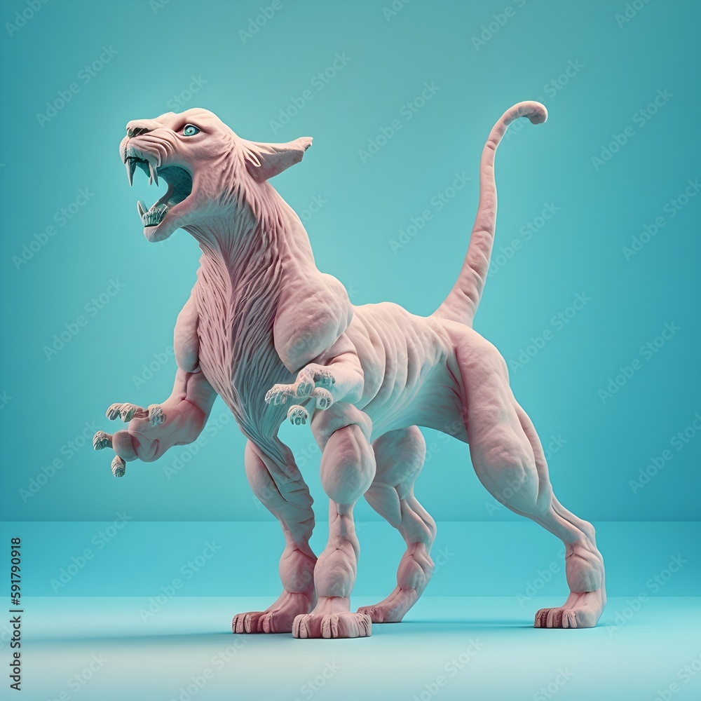 A furry chimera with cathead standing on its hind legs which look like ...