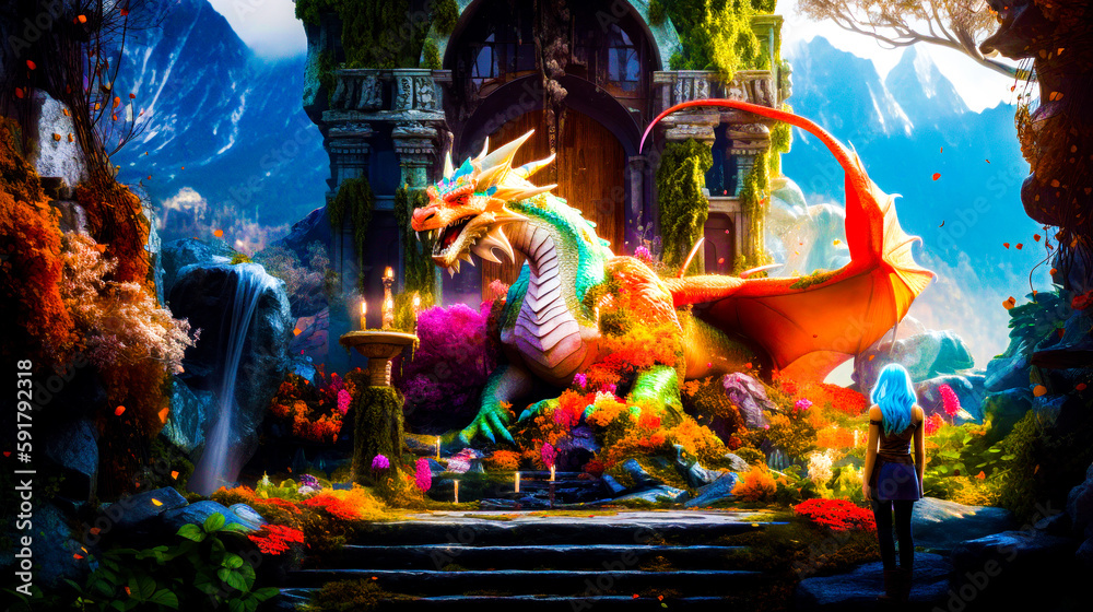 Dragon sitting on top of pile of flowers in front of castle. Generative ...