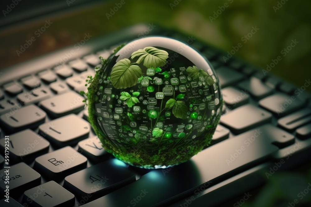 Technology with the concept of nature. Laptop keyboard with green globe ...