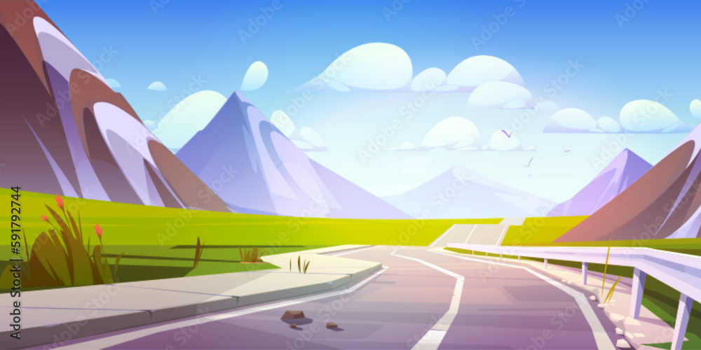 Mountain road nature landscape illustration. Travel asphalt highway ...
