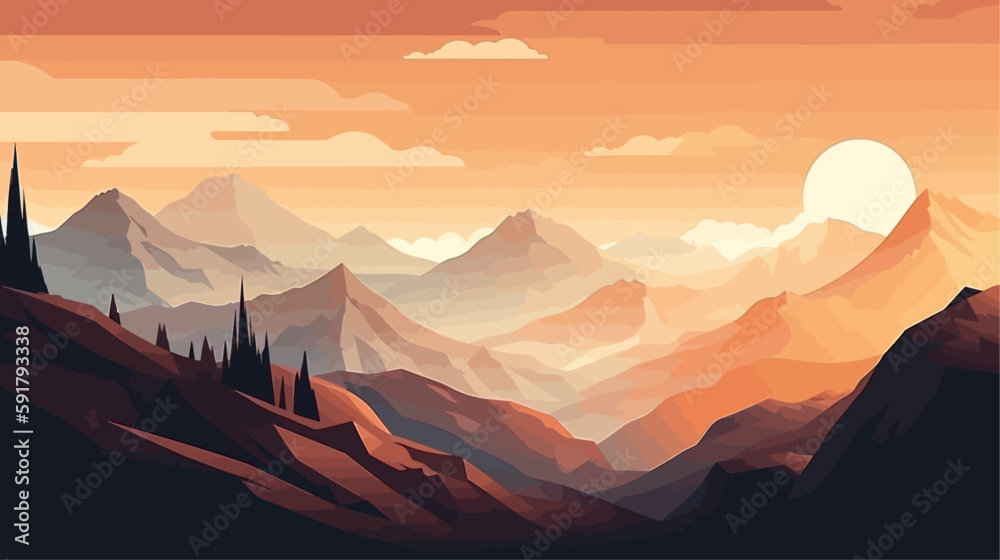 Mountain peak view landscape with sunrise soft light. Flat 2d vector ...