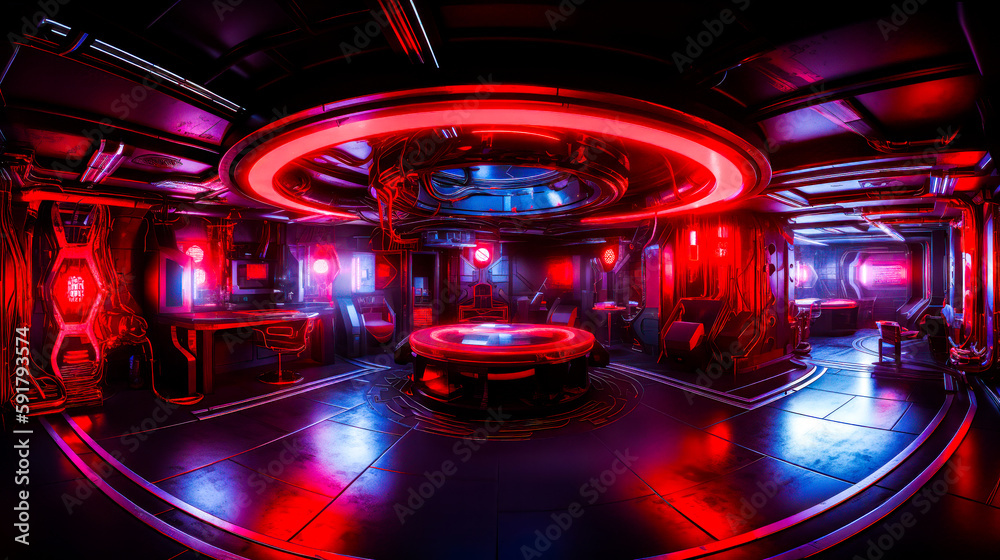 Futuristic looking room with round table and red lights on the ceiling ...
