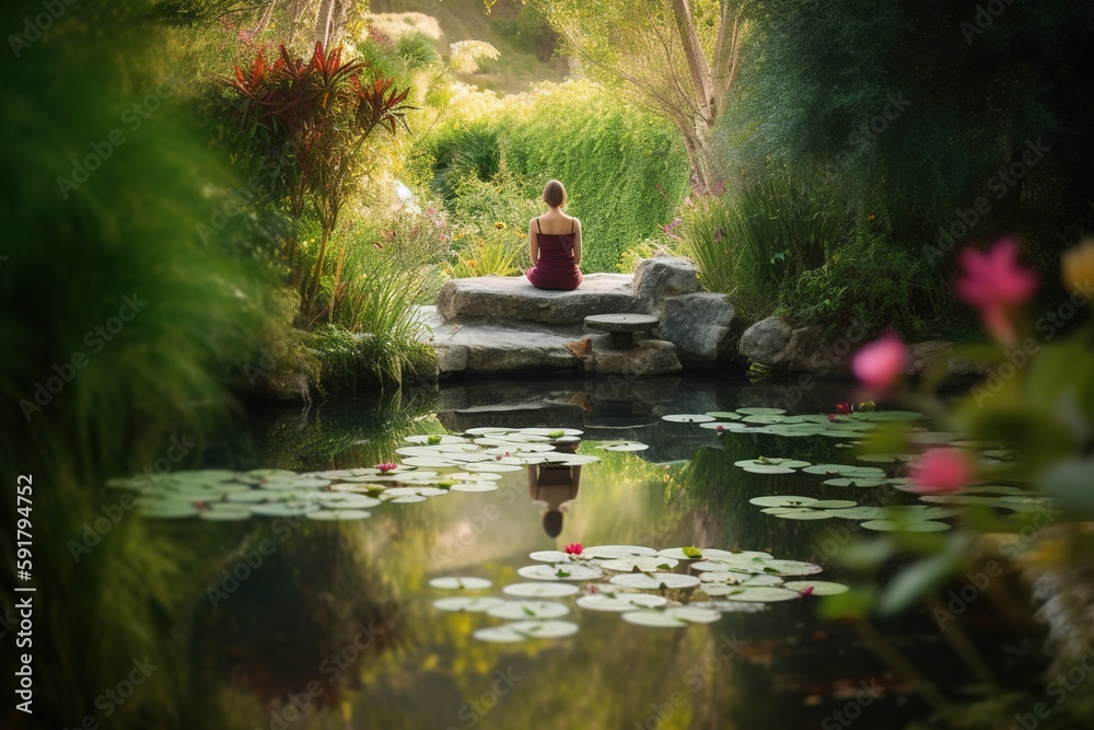 A serene and calming natural setting with a person meditating ...