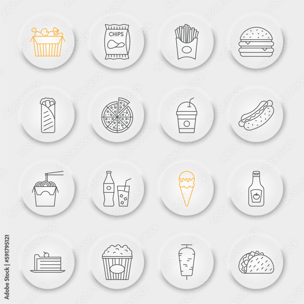 Junk food line icon set, fast food collection, vector graphics, neumorphic UI UX buttons, junk ...