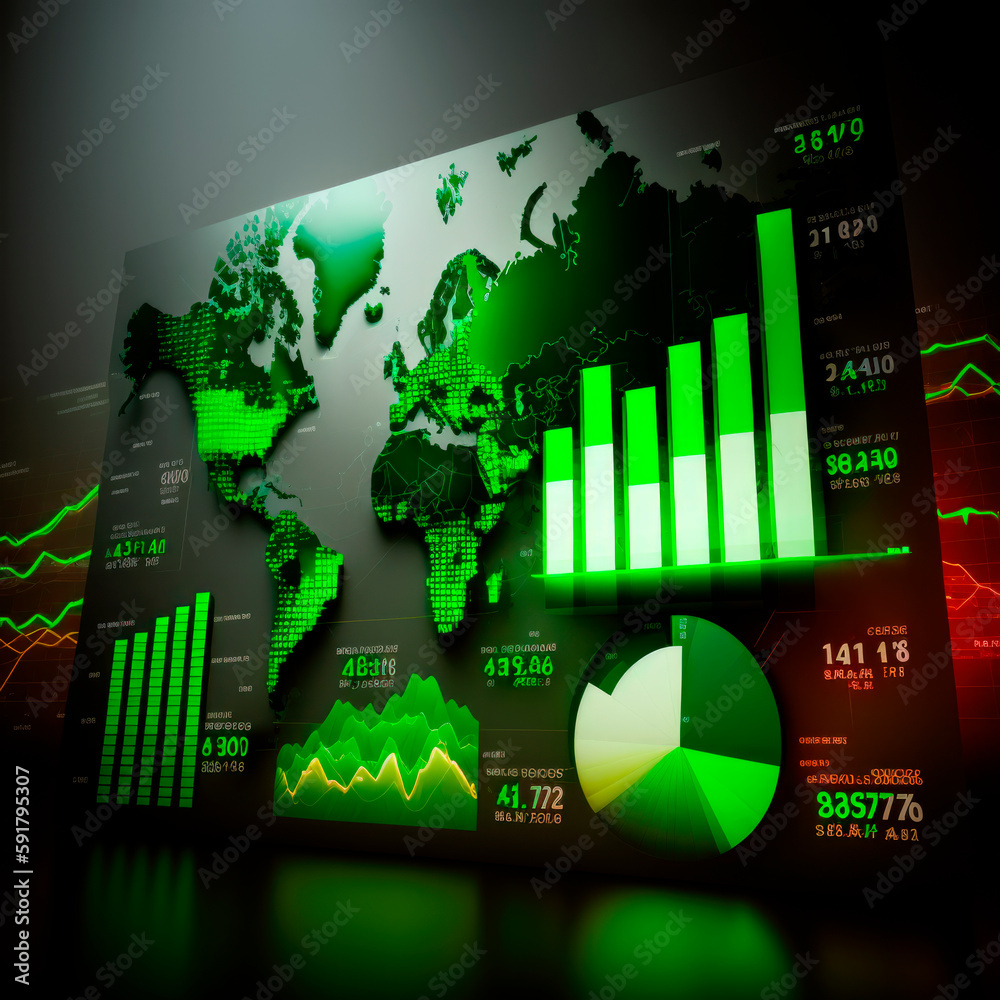 3D graphs with columns and pie chart with the world map in green ...