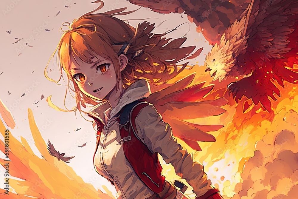 Cute anime manga girl with orange hair and a phoenix illustration ...
