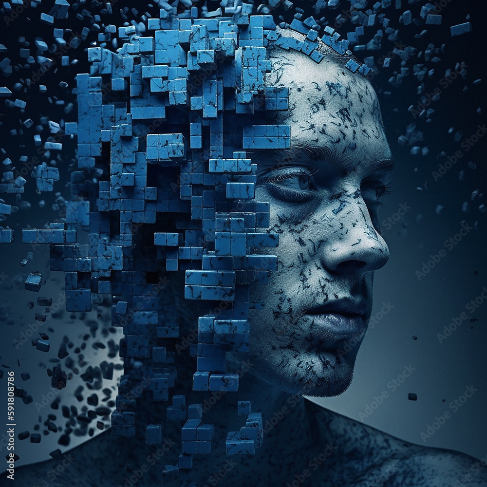 Face, ai and man with big data, futuristic and abstract against studio ...