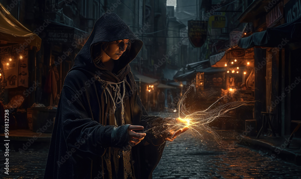 Dark elemental mage levitate casting glowing arcane fire spell, ai ...