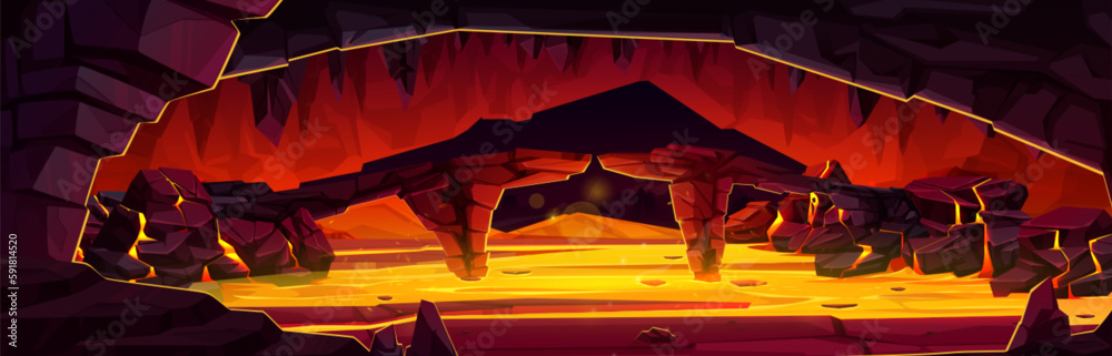 Cartoon volcano cave with lava flow inside. Vector cartoon illustration ...