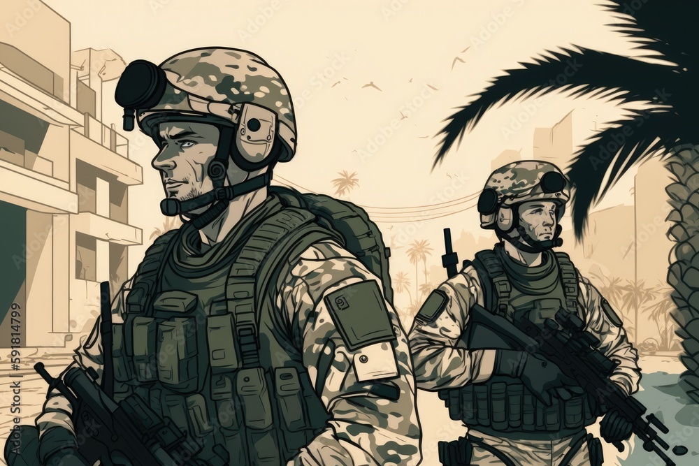 two soldiers standing side by side in a military uniform. Generative AI ...