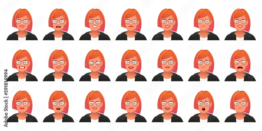 Set of different emotions of a cute caucasian woman with red hair ...
