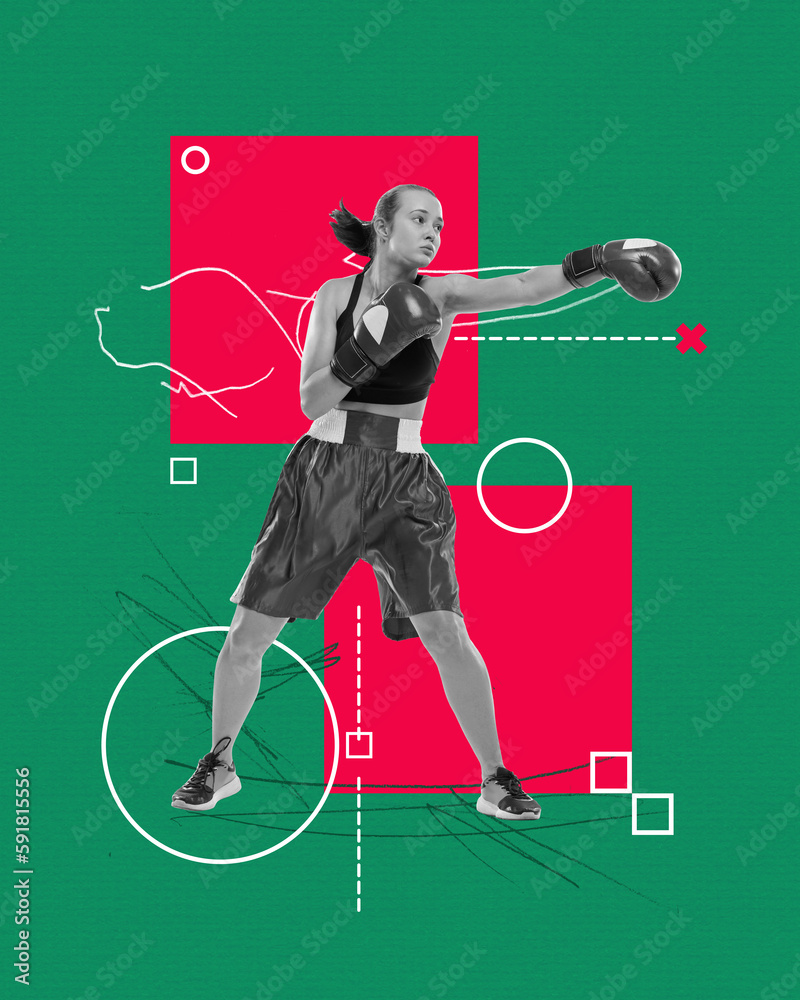Foto de Kicking, female boxing. Contemporary art collage with beautiful ...