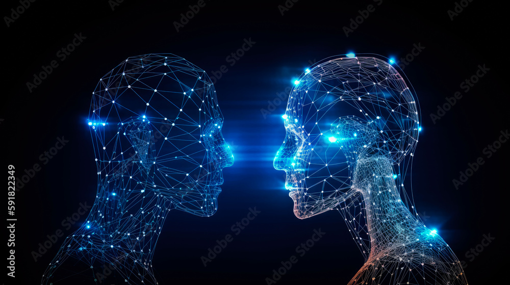 Humanoid faces facing each other. Artificial intelligence concept ...