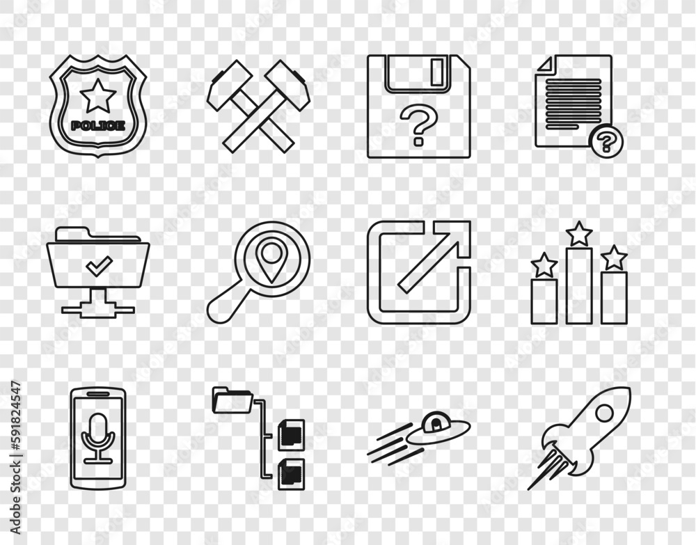 Set line Mobile recording, Rocket ship with fire, Unknown document ... Set line Mobile recording, Rocket ship with fire, Unknown document ...