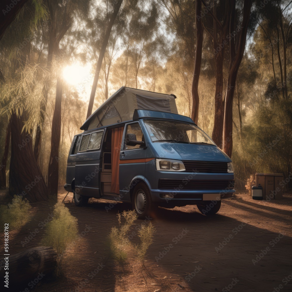 Blue camper van with trees in the background in forest created using ...