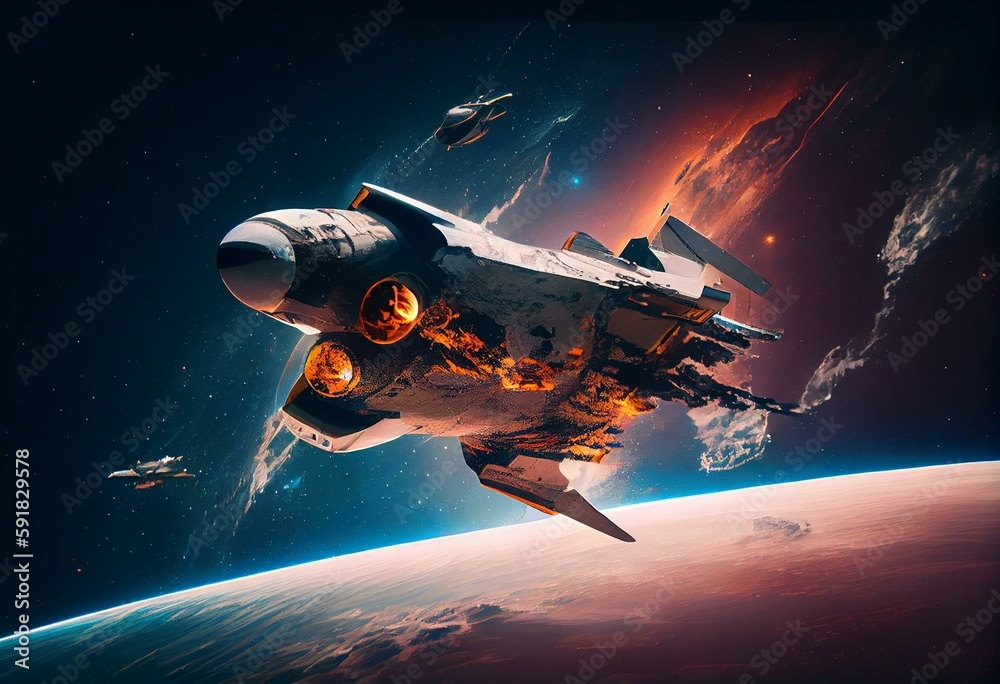 Spaceship flying in outer space over earth background, created using ...