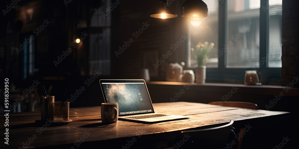 Laptop almost closed in a coffee shop in a mysterious cinematic ...