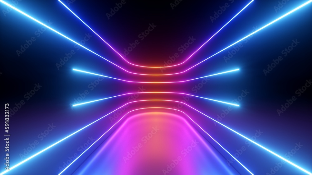 3d render. Abstract futuristic neon background. Red pink blue rounded ...