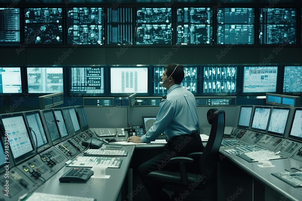 A man in uniform stands at a control center with his back to us keeping ...