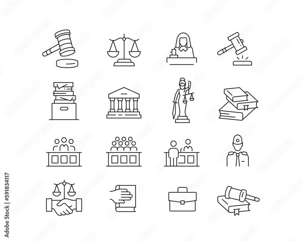 Law and Courtroom Icon collection containing 16 editable stroke icons ...