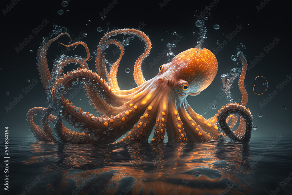 An aggressive orange octopus. Underwater. Ai generated. Stock ...