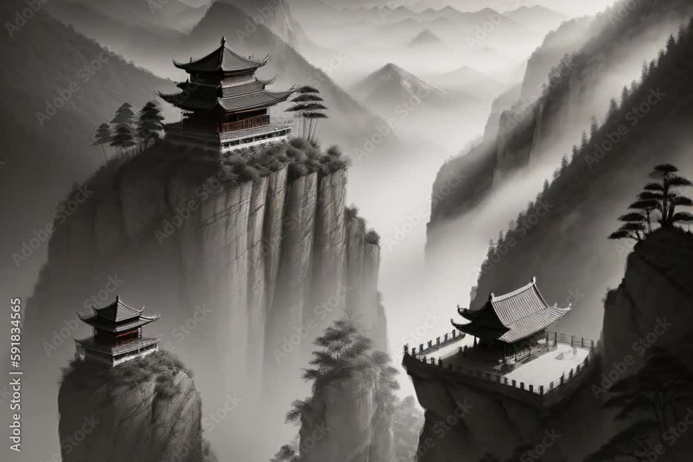 Video „ai generated ink painting of a Asian temples on top of valleys ...