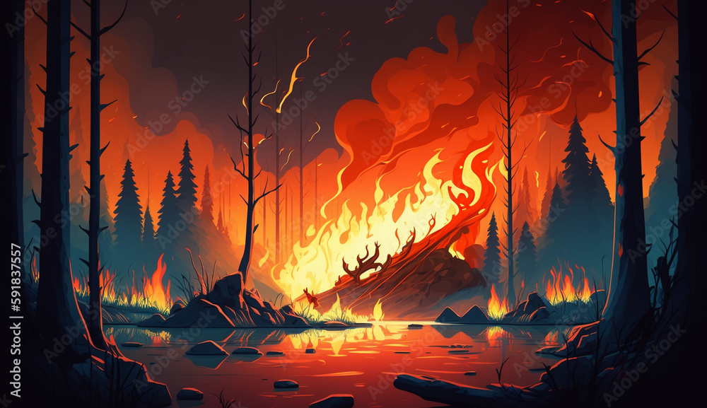 realistic cartoon illustration of forest on fire and full of smoke ...