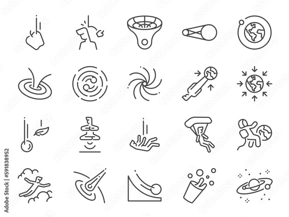 Gravity icon set. It included heavy, falling, fly, Anti-gravity, non ...