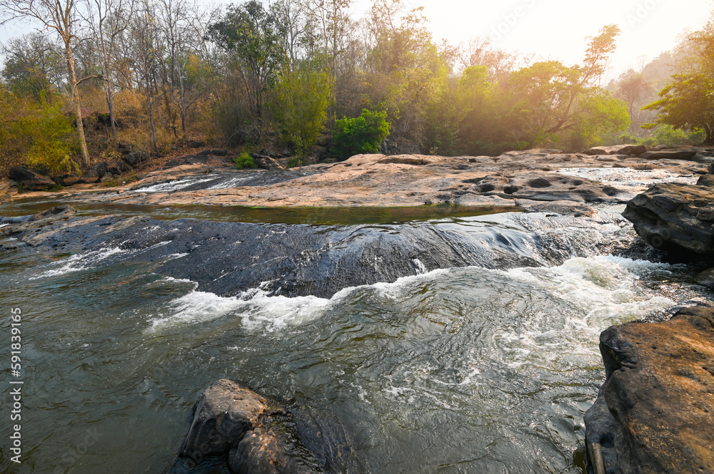 River stream waterfall in forest landscape, beautiful nature water ...