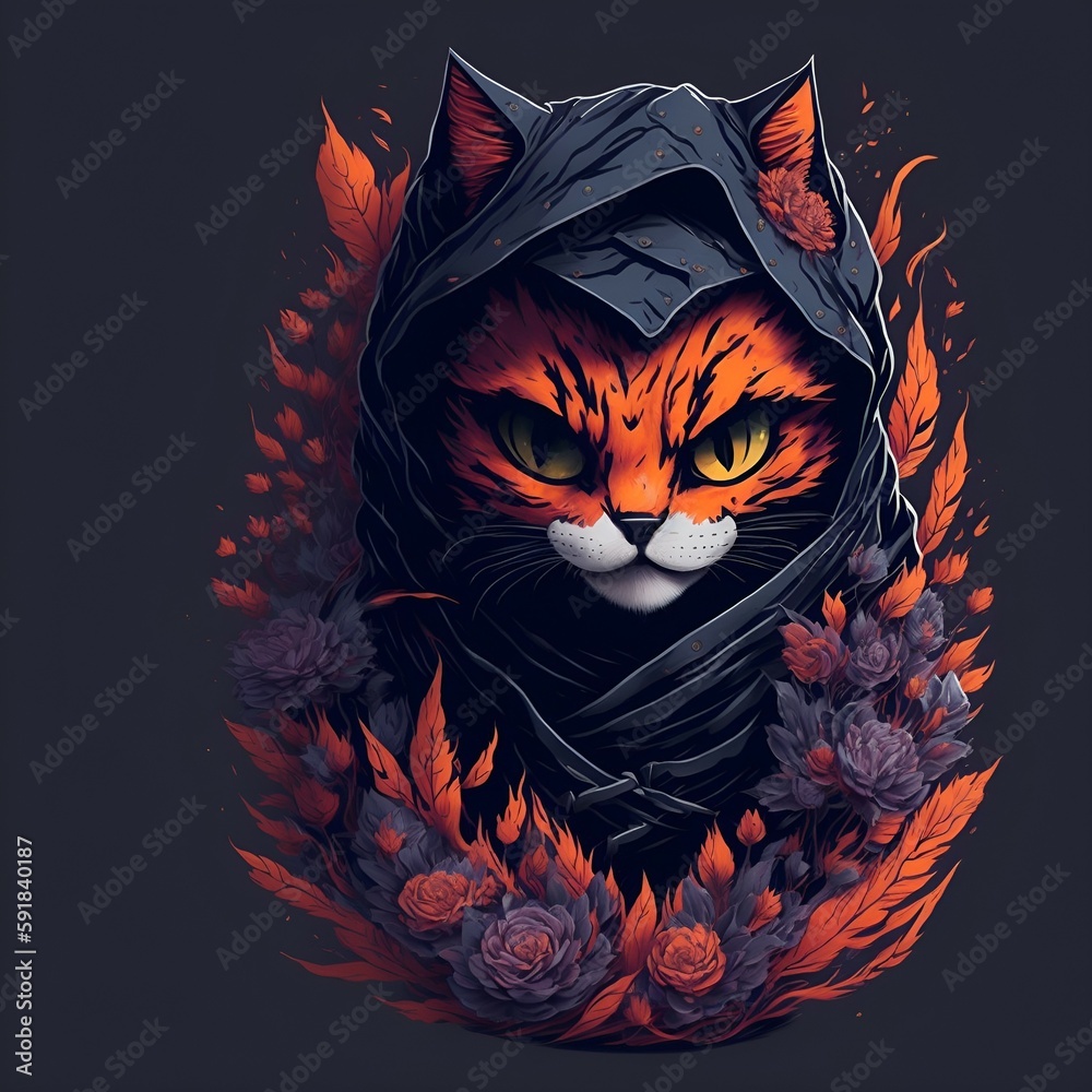 A cartoon cat with a black hoodie on his head is shown in a black and ...