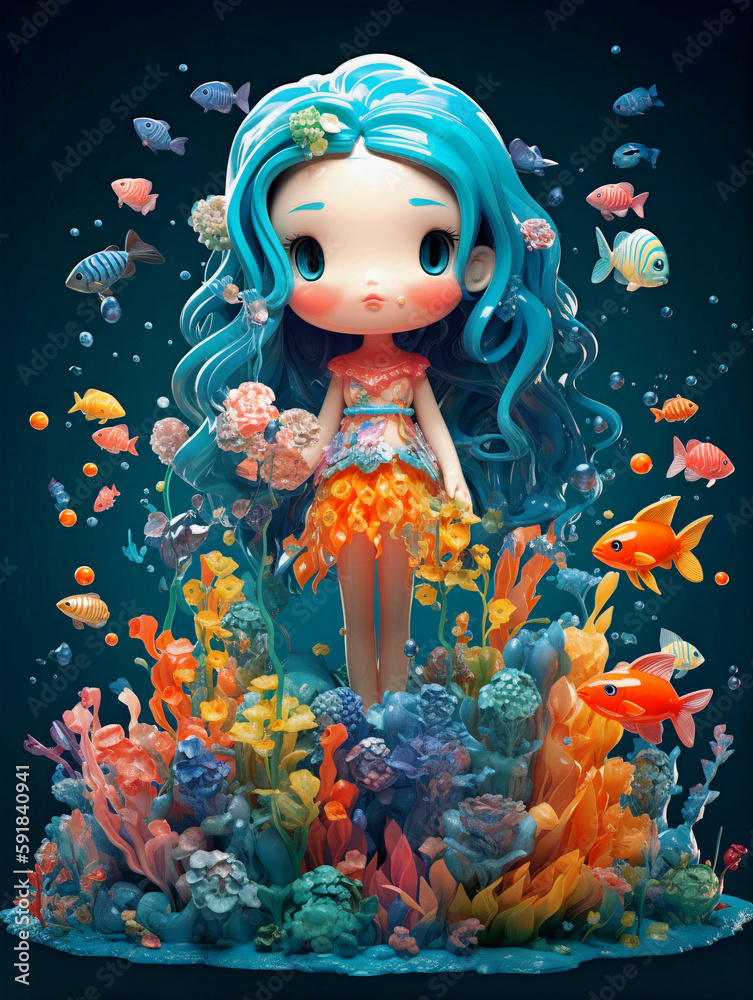 Cute ocean element sprite girl in an underwater world full of coral and ...