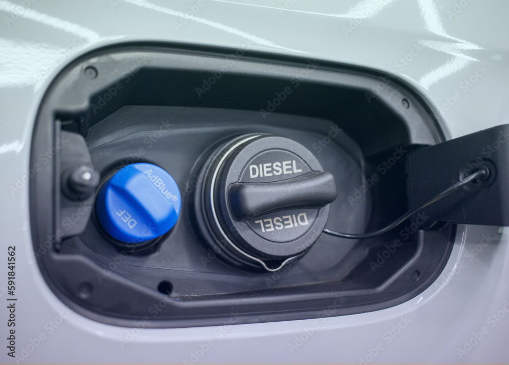 Tank filler neck for AdBlue and Diesel fuel close-up. Adblue diesel ...