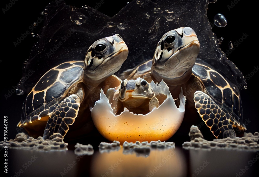 Baby sea turtles emerging from their egg shells on a transparent ...
