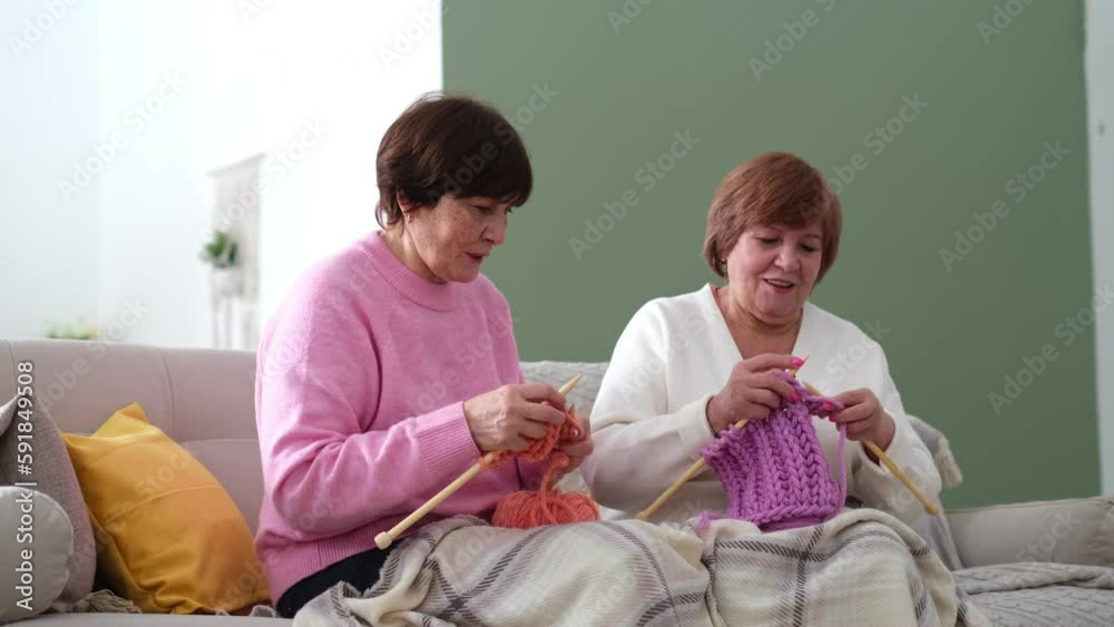 Vidéo Stock two older women knitting with natural wooden needles and ...