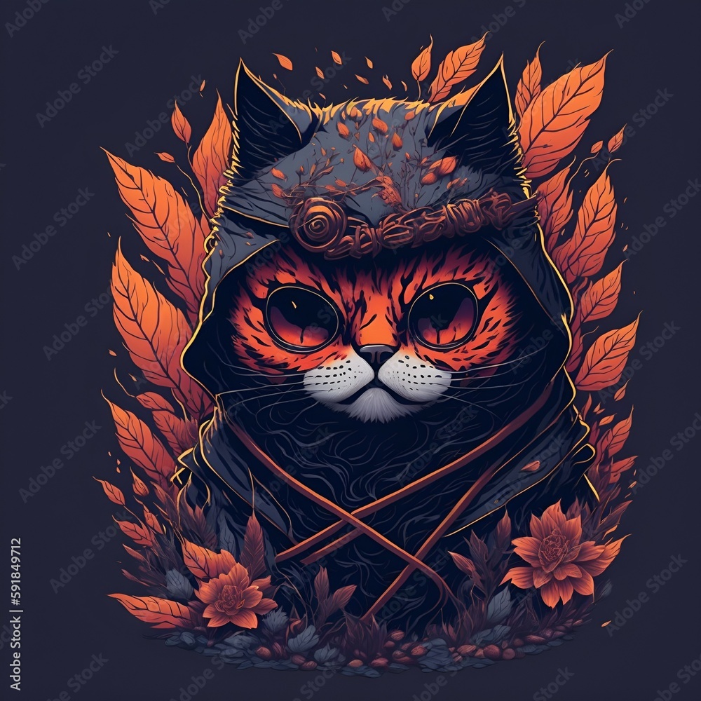 A cartoon cat with a black hoodie on his head is shown in a black and ...