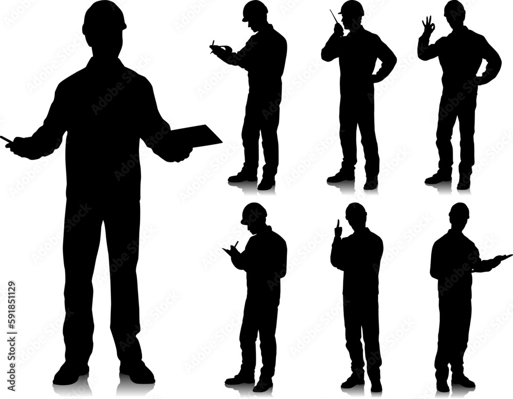 Silhouette of worker with a helmet. Worker wearing overalls with safety ...