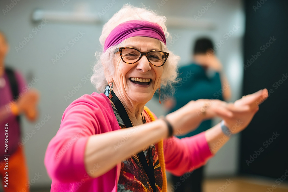 Old woman dancing in ballroom happy, laughing and wearing a ribbon in ...