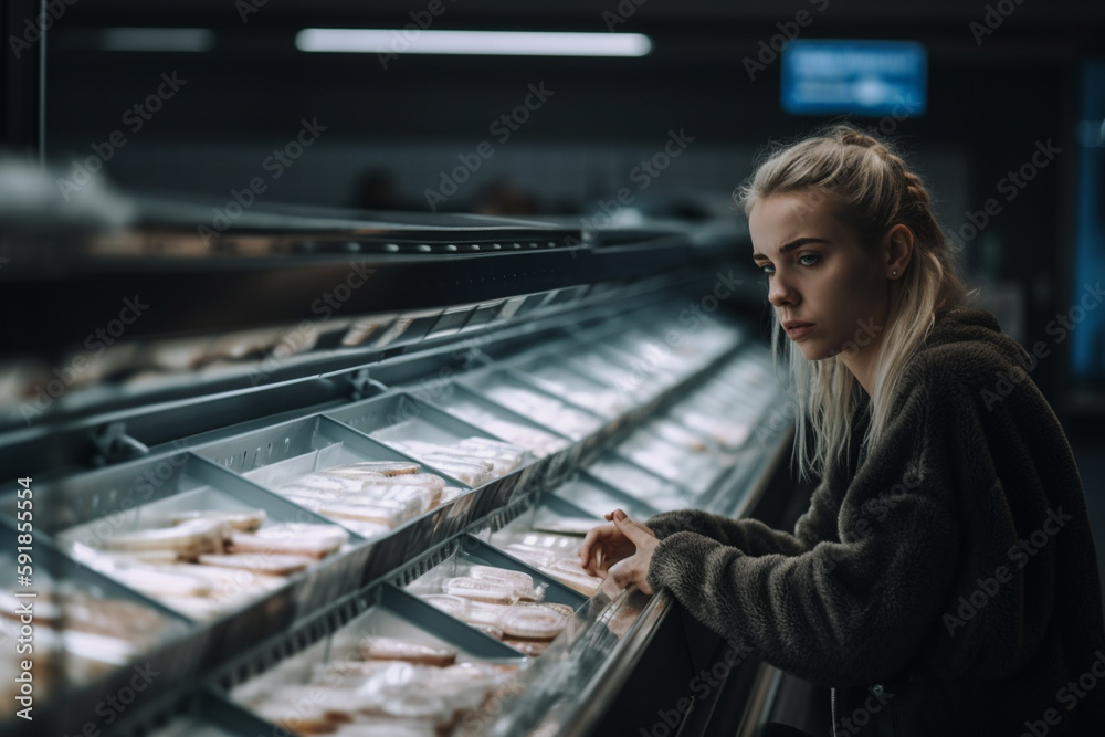 sad or almost crying young woman or teenager in a dark supermarket at a ...