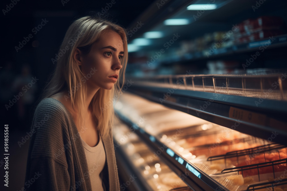 sad or almost crying young woman or teenager in a dark supermarket at a ...