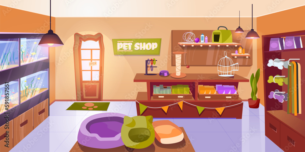 Pet shop interior, domestic animal store with canine food, birds cage ...