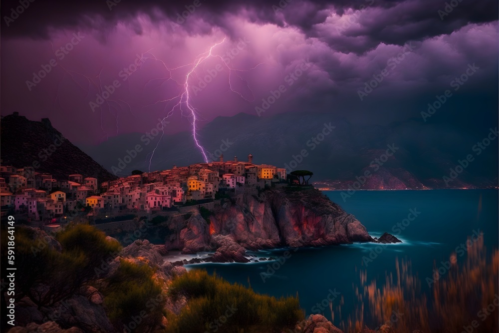 Thunderstorm over italian coastal mountain village dramatic lightnings ...