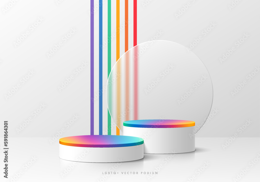 3D LGBTQ+ background with realistic white, colorful cylinder pedestal ...