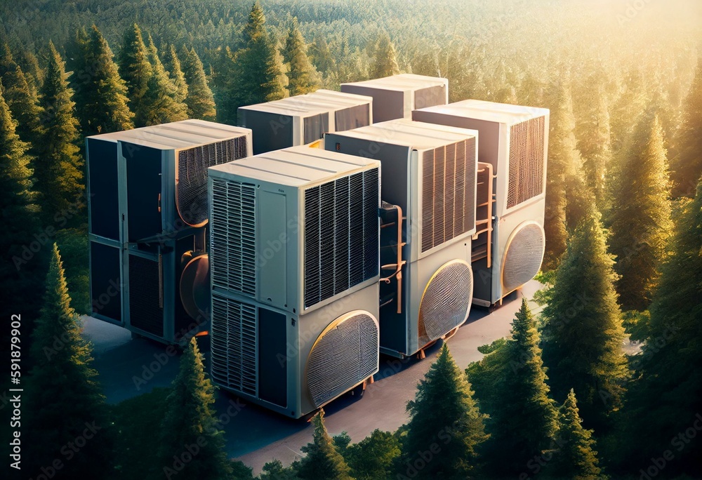 Lots of rooftop air conditioning units. Coniferous forest in background ...