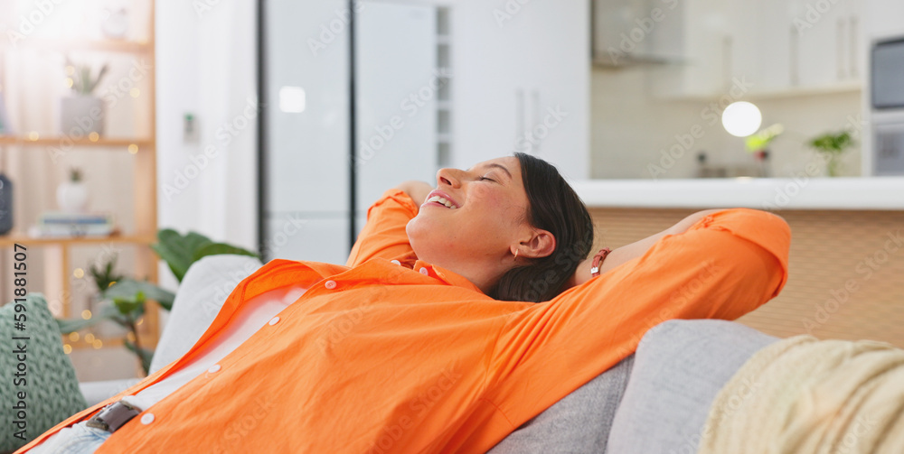 Woman, relax and hands behind head on sofa, living room and lounge for ...